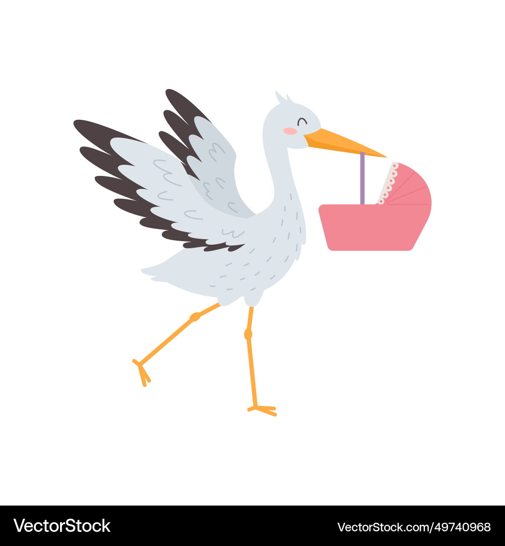 Cute smiling stork bird carrying pink cradle flat Vector Image