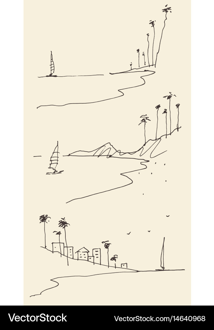 Set sketches seaside view beach sketch Royalty Free Vector