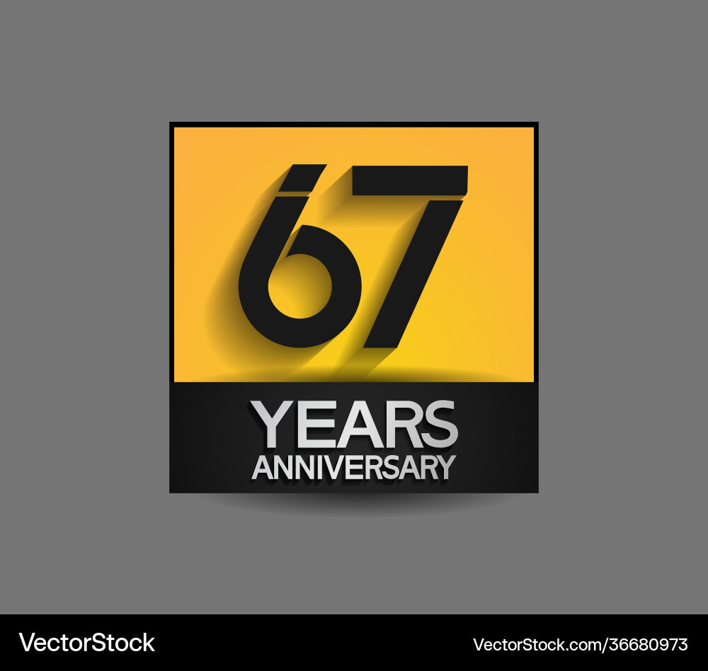 67 years anniversary in square yellow and black Vector Image