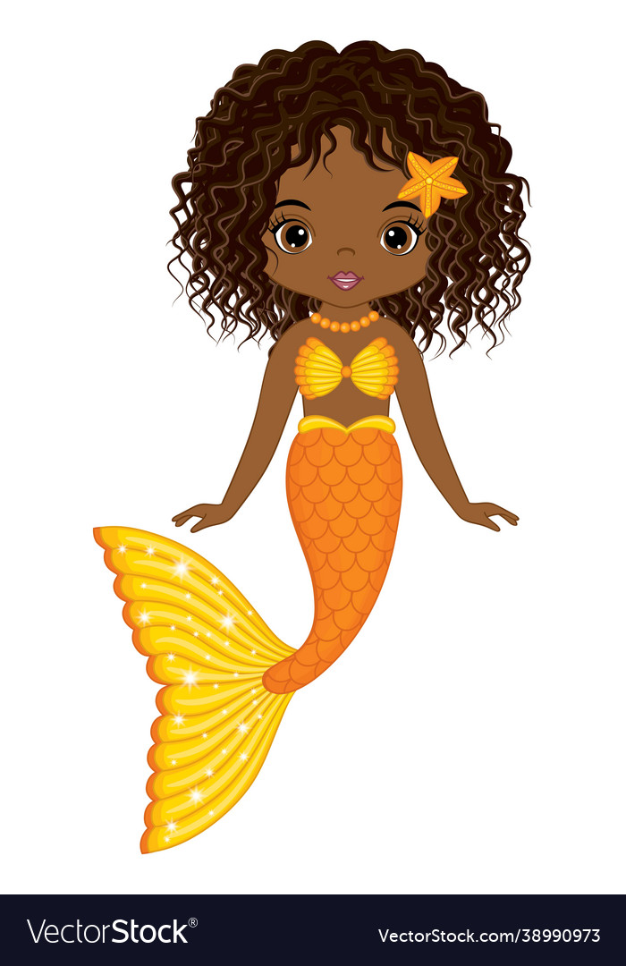 Beautiful curly black mermaid with orange fishtail