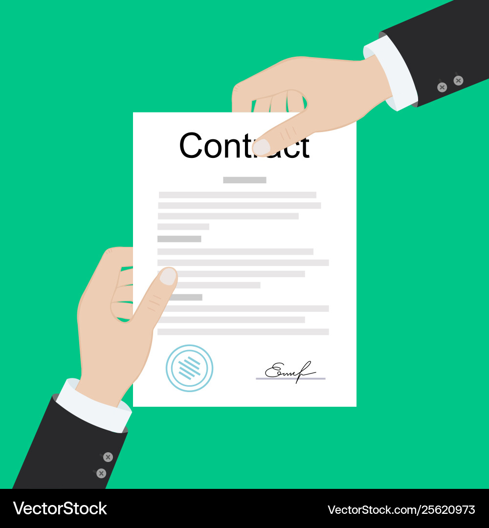 Contract signing a male left hand holds Royalty Free Vector