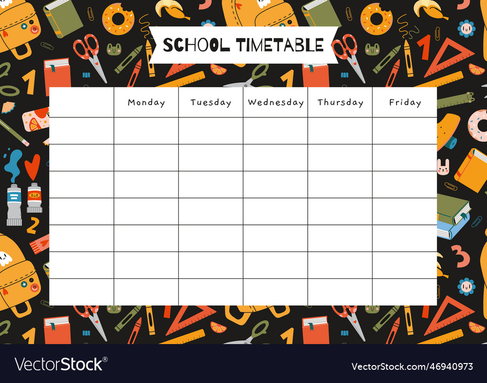 Cute school timetable with stationery and art Vector Image