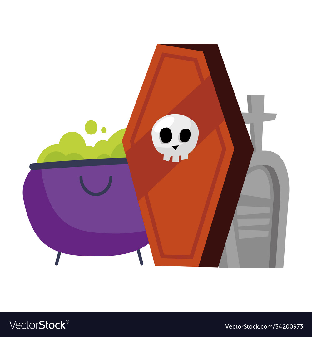 Halloween coffin with skull witch bowl and grave Vector Image