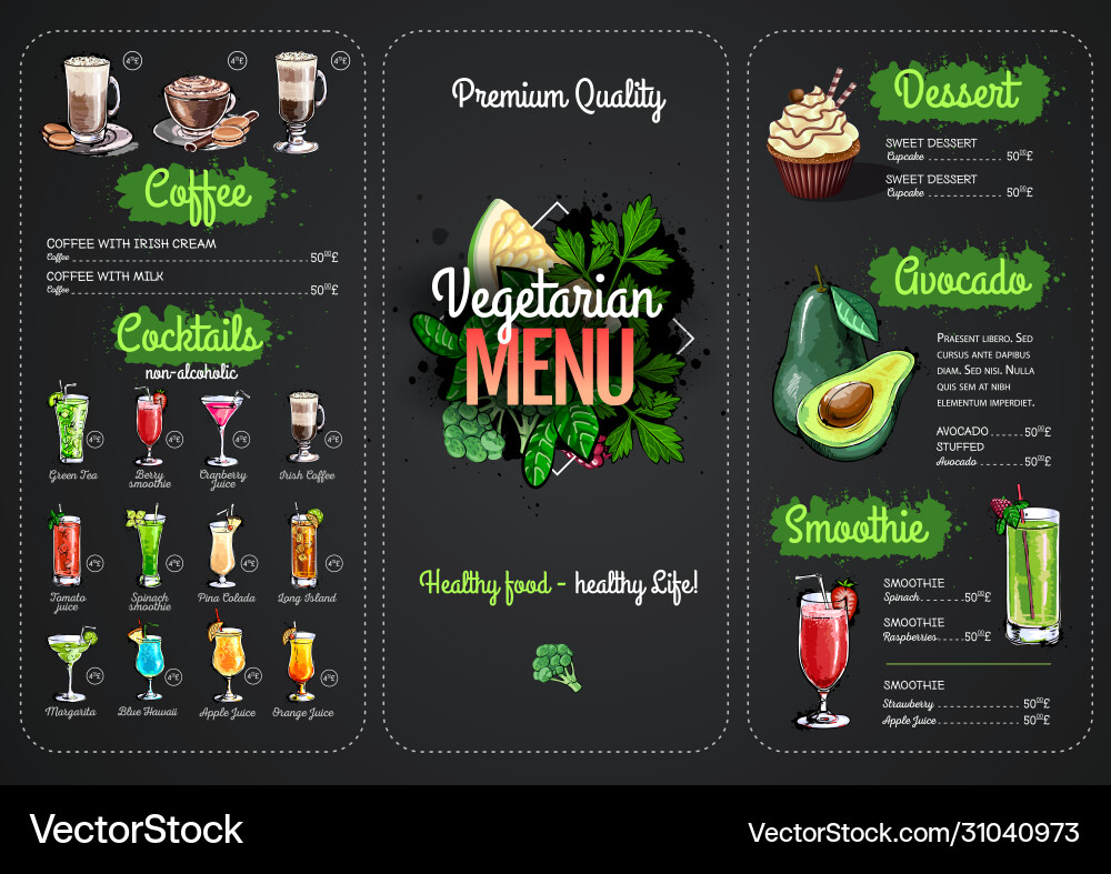 Vegetarian menu design with vegan meals Royalty Free Vector