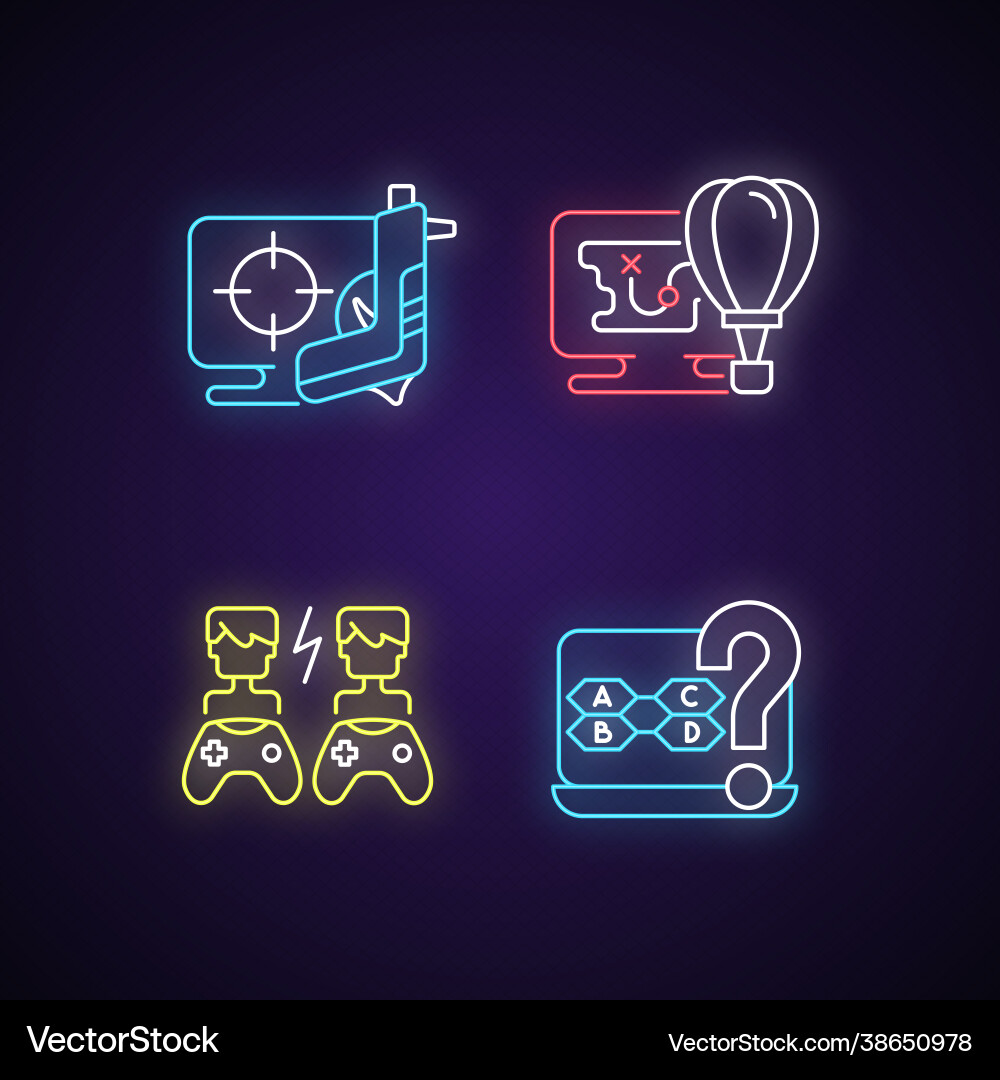Cooperative games neon light icons set Royalty Free Vector