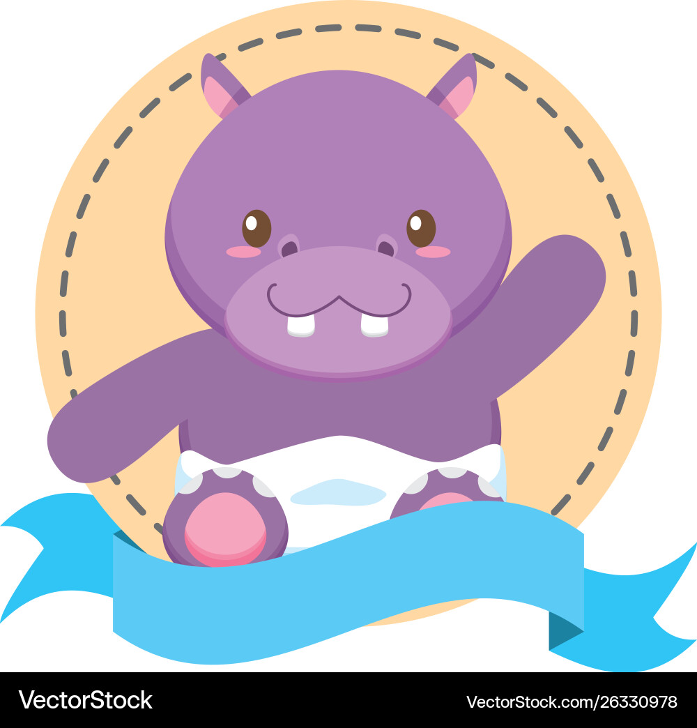 Cute little hippo in frame with ribbon Royalty Free Vector