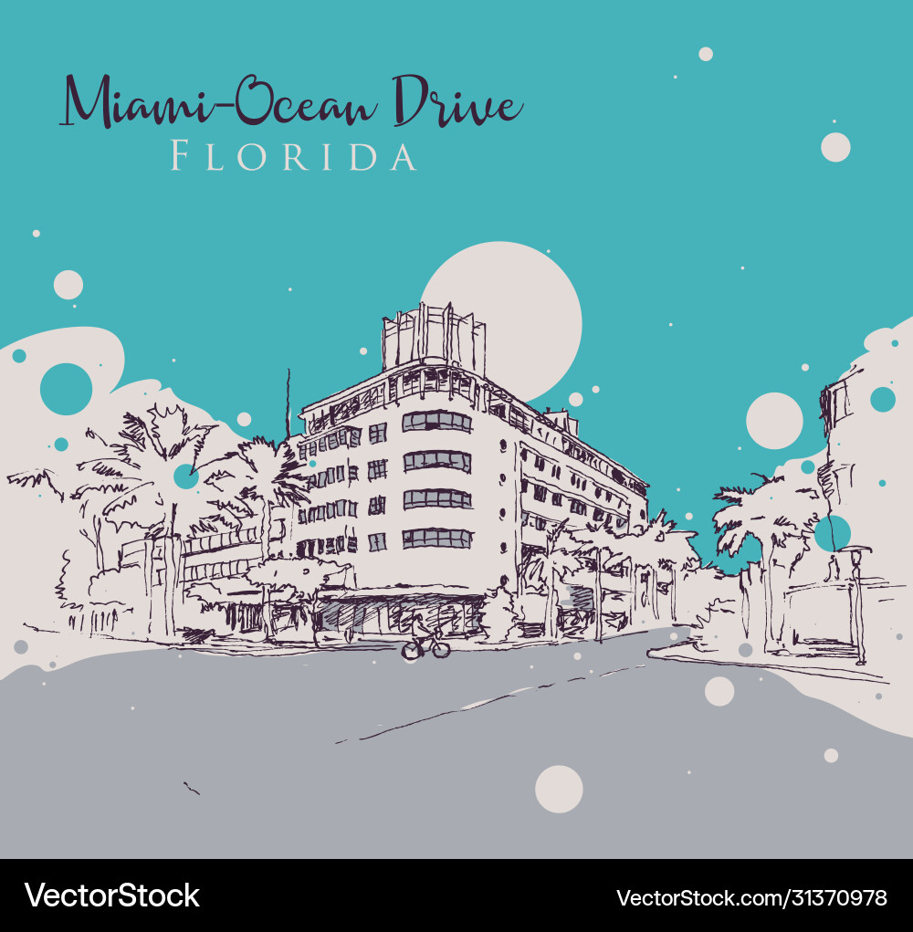 Drawing sketch ocean drive miami Royalty Free Vector Image