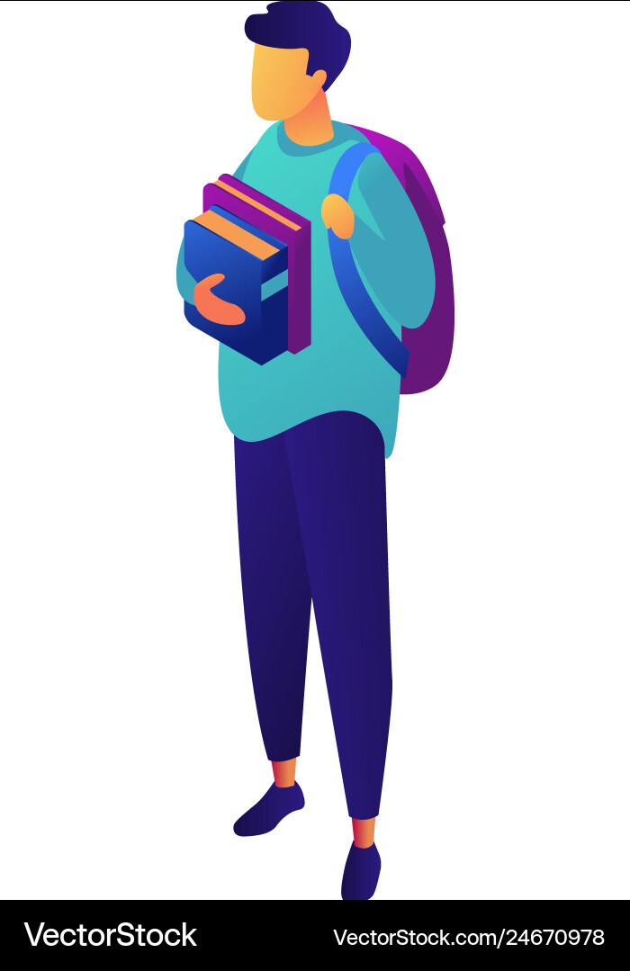 Male student with backpack holding books isometric