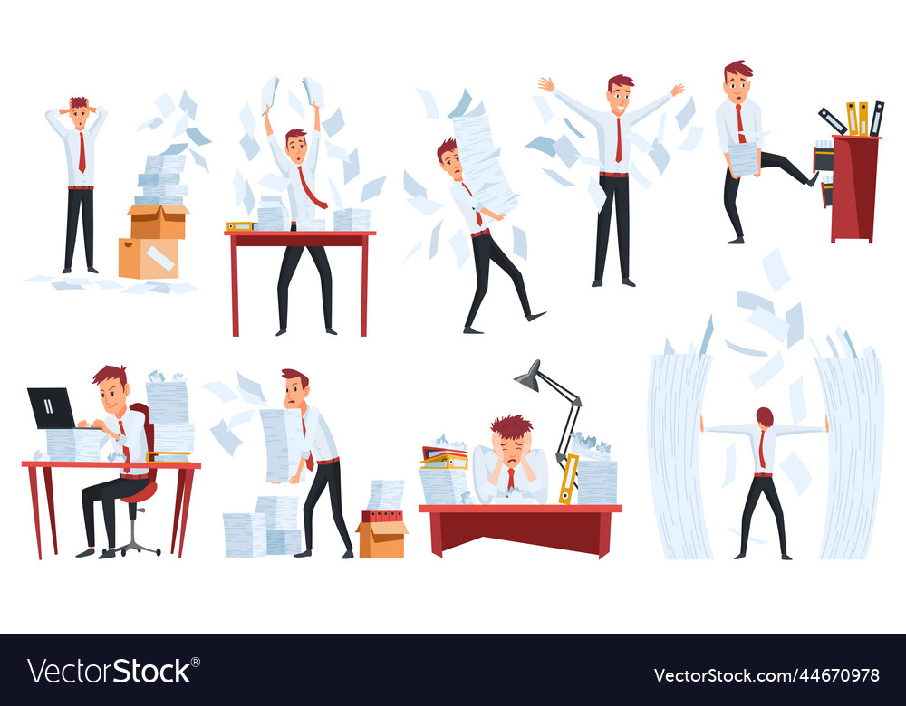 Office paperwork set worker with stack Royalty Free Vector
