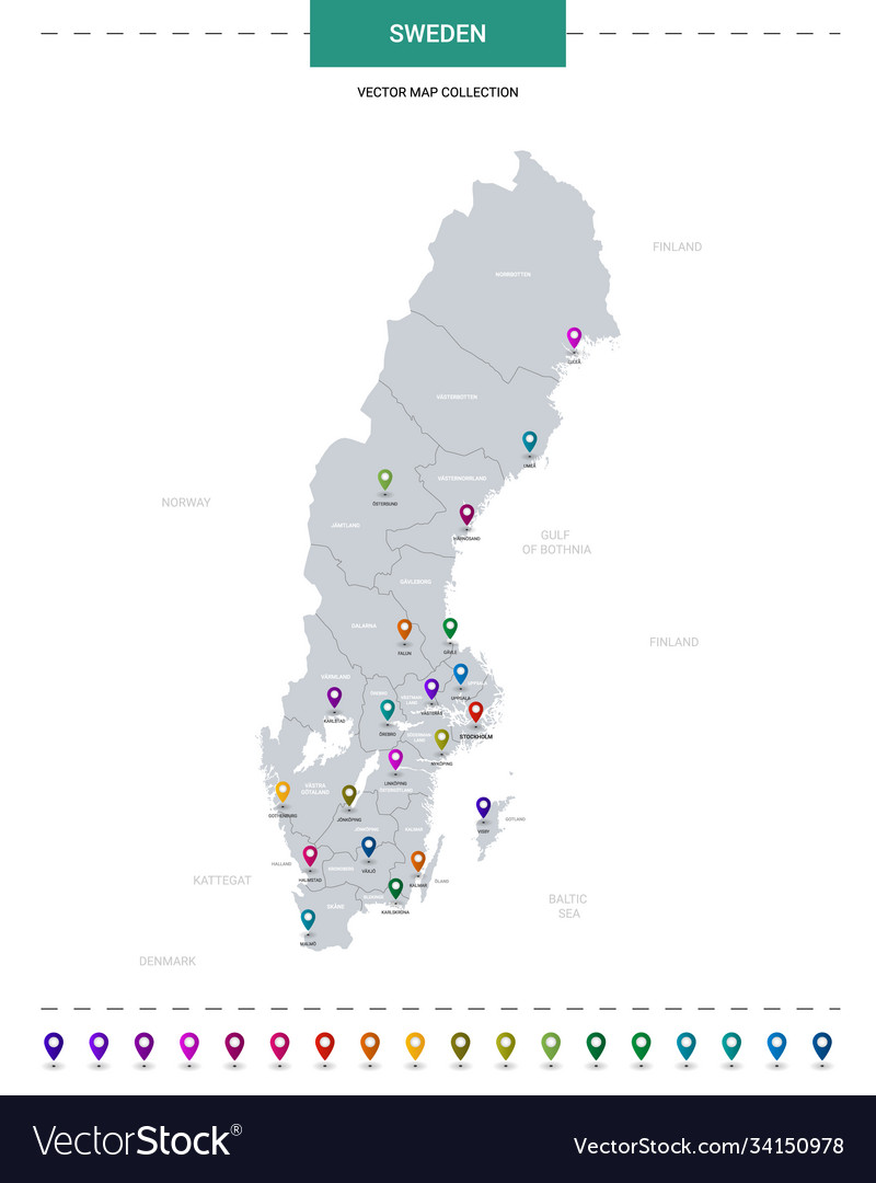 Sweden map with location pointer marks Royalty Free Vector