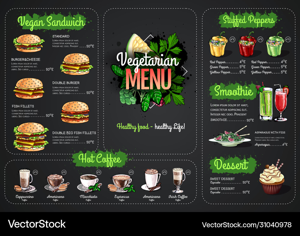 Vegetarian menu design with vegan meals Royalty Free Vector