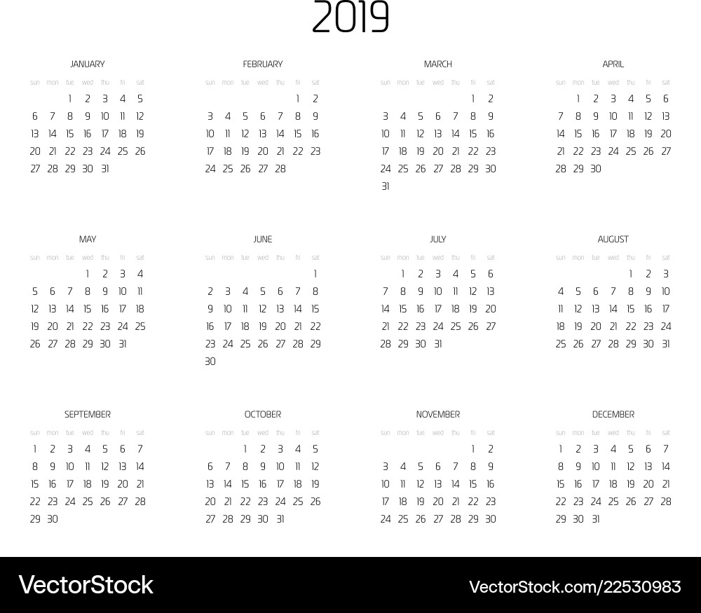 Calendar - year 2019 week starts from Royalty Free Vector