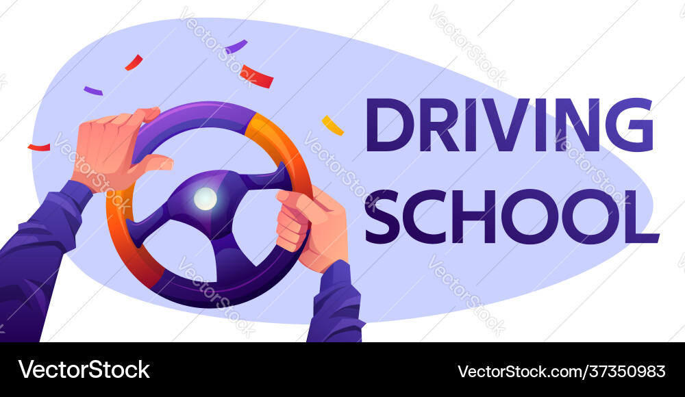Driving school cartoon banner with driver hands Vector Image
