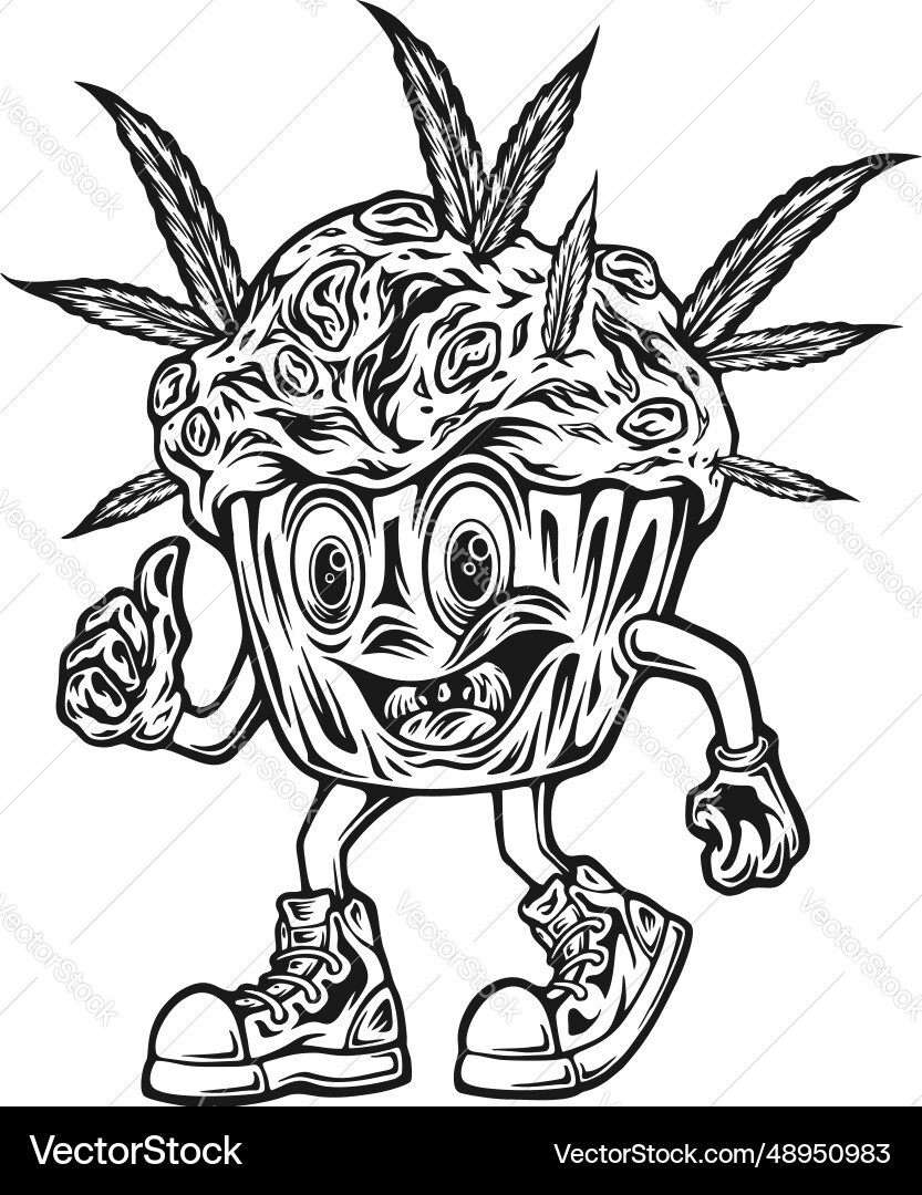 Funky cupcake cannabis fantasy outline Royalty Free Vector
