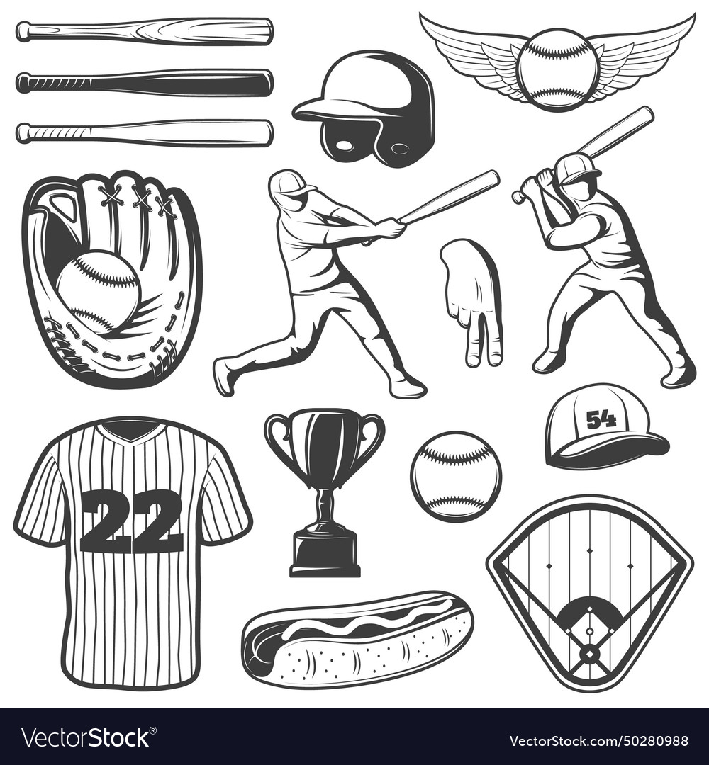 Baseball monochrome elements set Royalty Free Vector Image