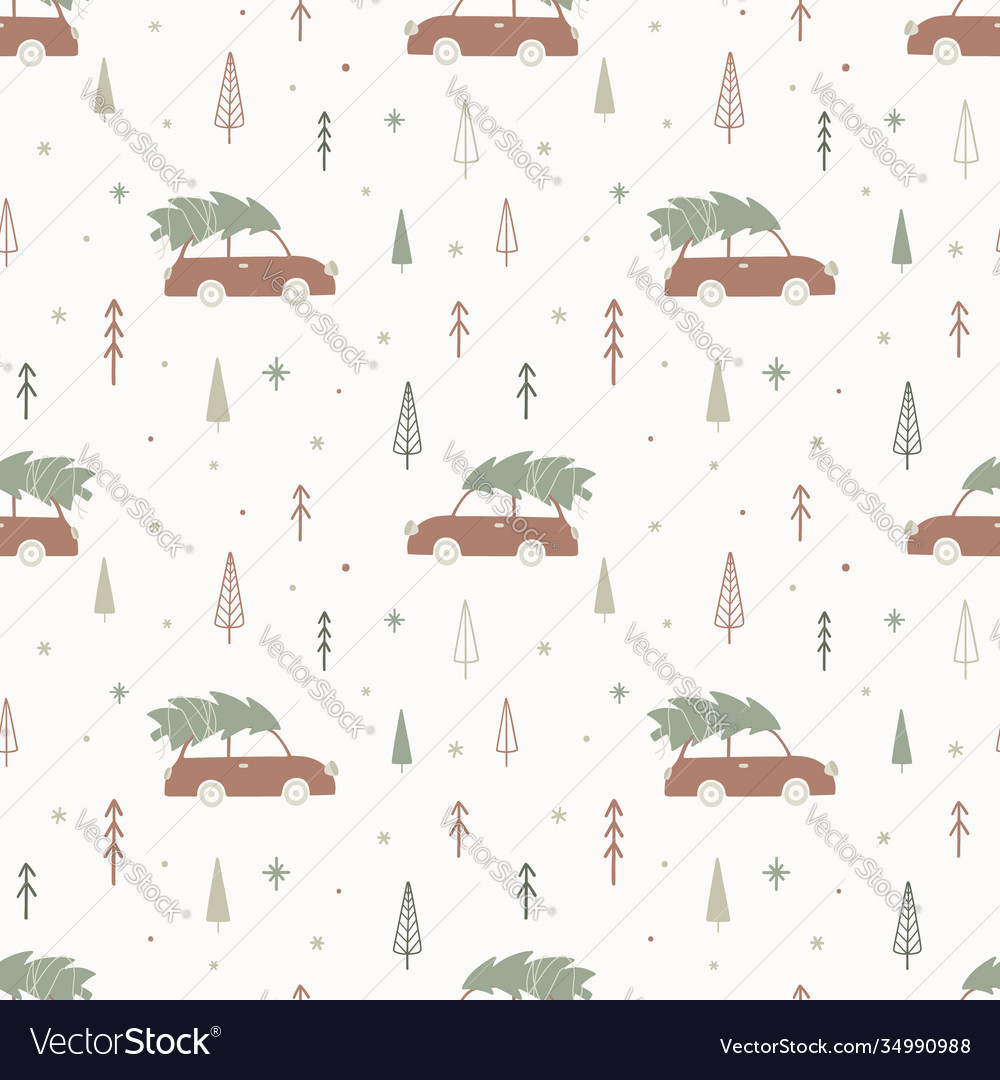 Christmas seamless pattern with car and fir tree Vector Image