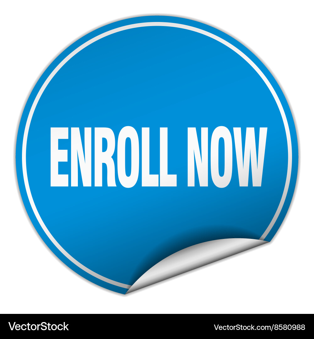 Enroll now round blue sticker isolated on white Vector Image