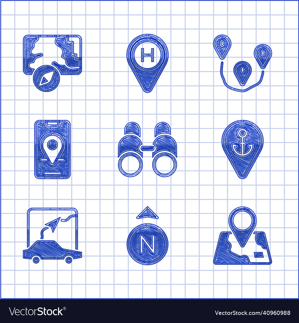 Set Binoculars Compass Folded Map With Location Vector Image