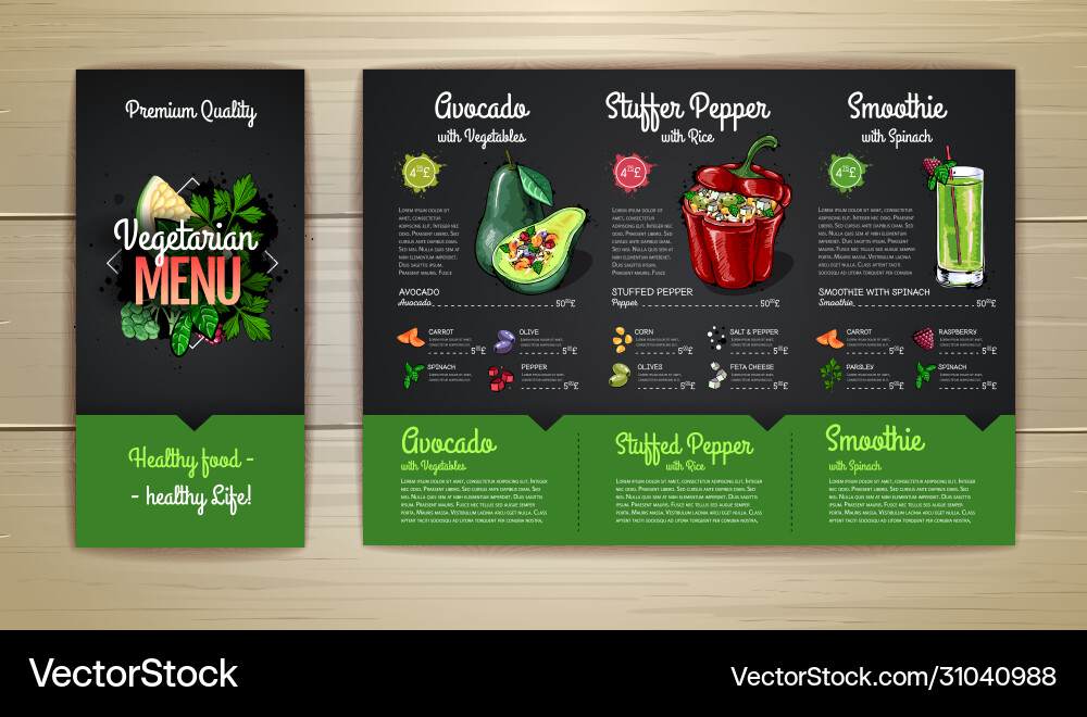 Vegetarian menu design with vegan meals Royalty Free Vector