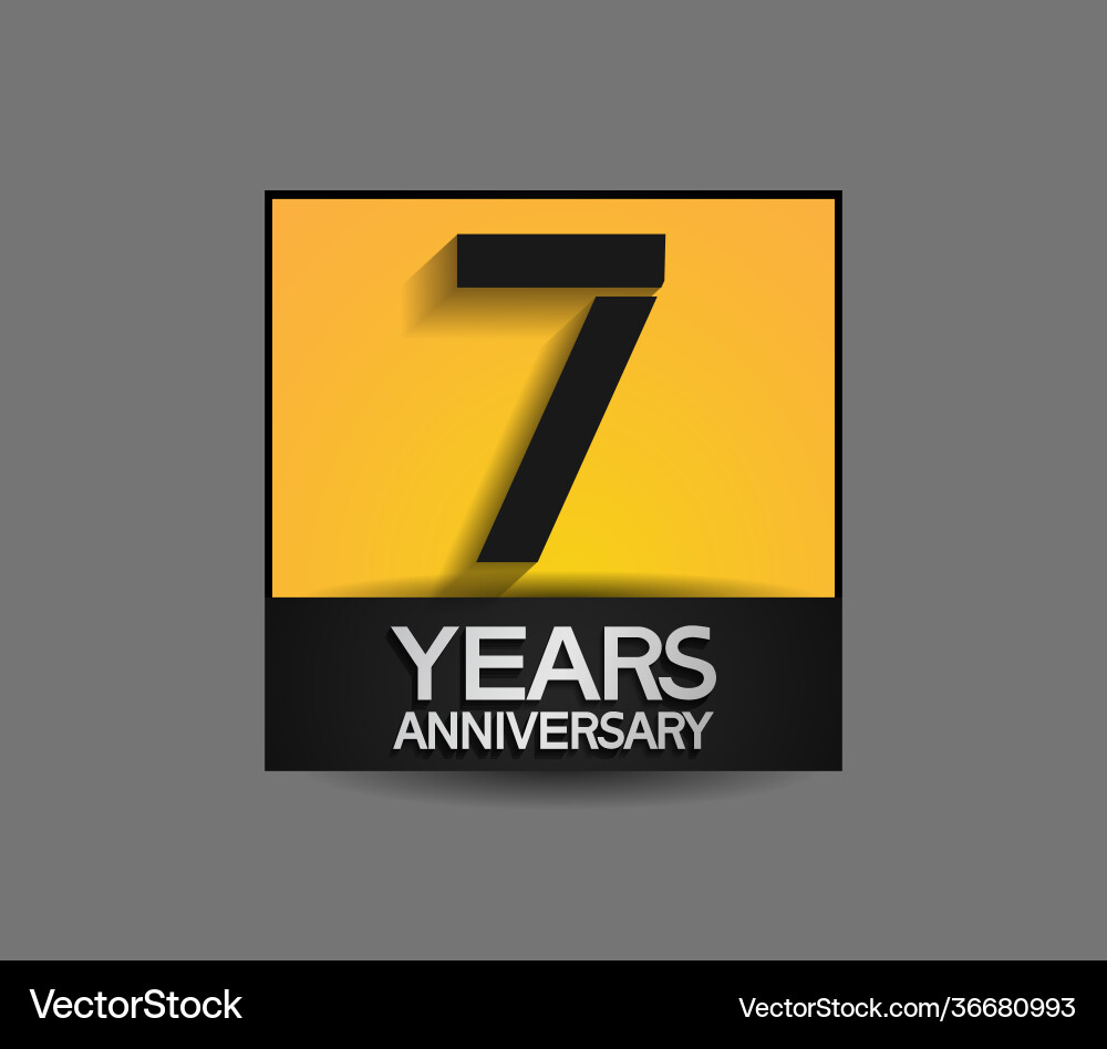 7 years anniversary in square yellow and black Vector Image
