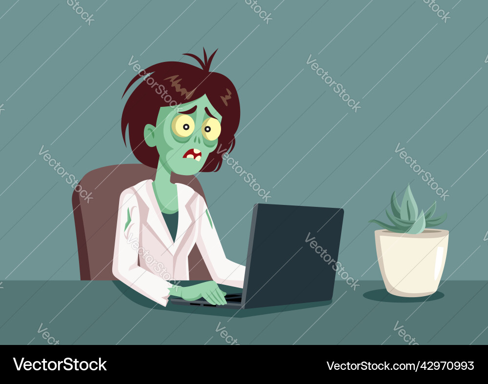 Zombie woman working on a computer cartoon Vector Image