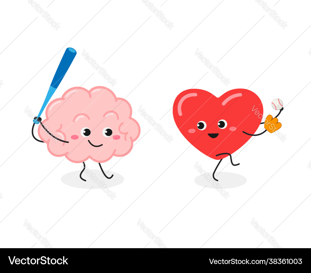 Cartoon brain and heart playing baseball game Vector Image