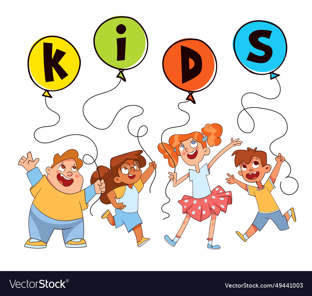 Children holding balloons with the word kids Vector Image
