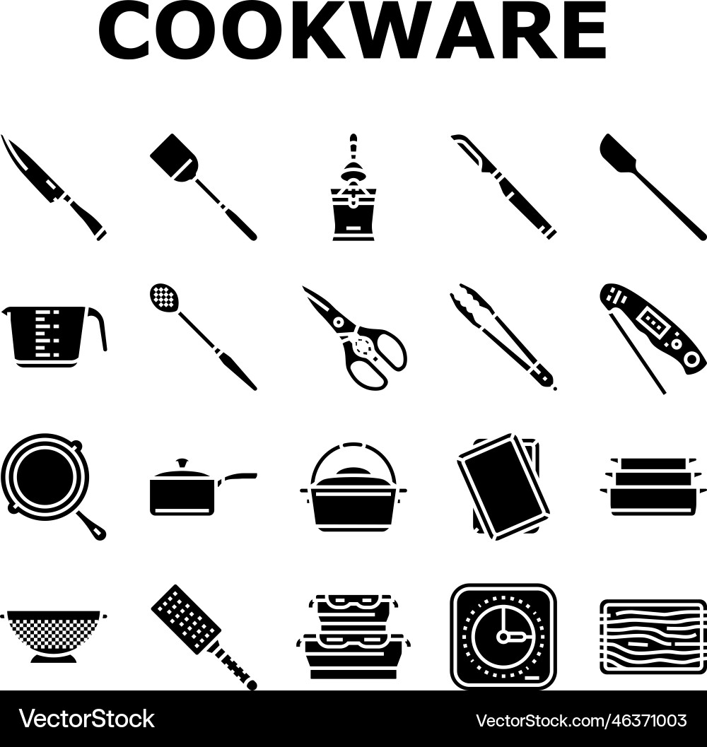 Cookware kitchen cooking food icons set Royalty Free Vector