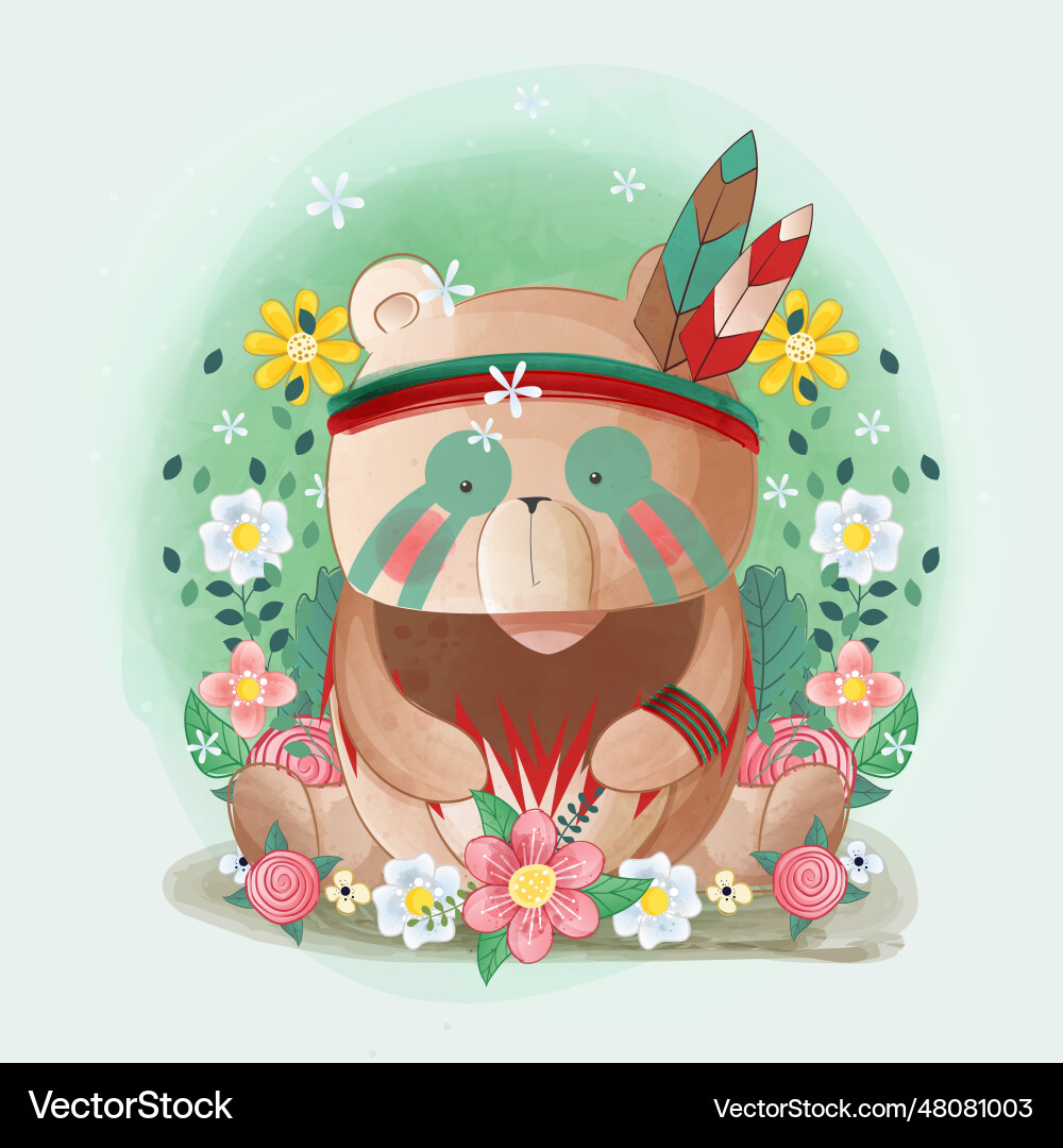 Cute little bear with feathers and flowers Vector Image