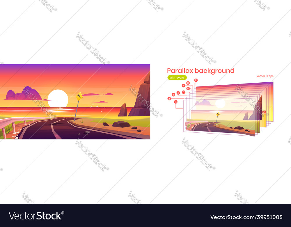 Parallax background with road sea and sunset Vector Image