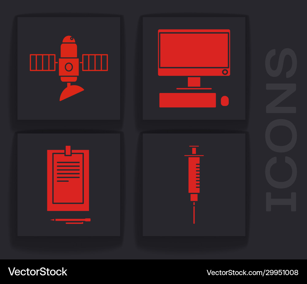 Set syringe satellite computer monitor Royalty Free Vector