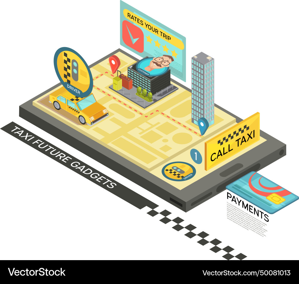 Call taxi by gadget isometric design Royalty Free Vector