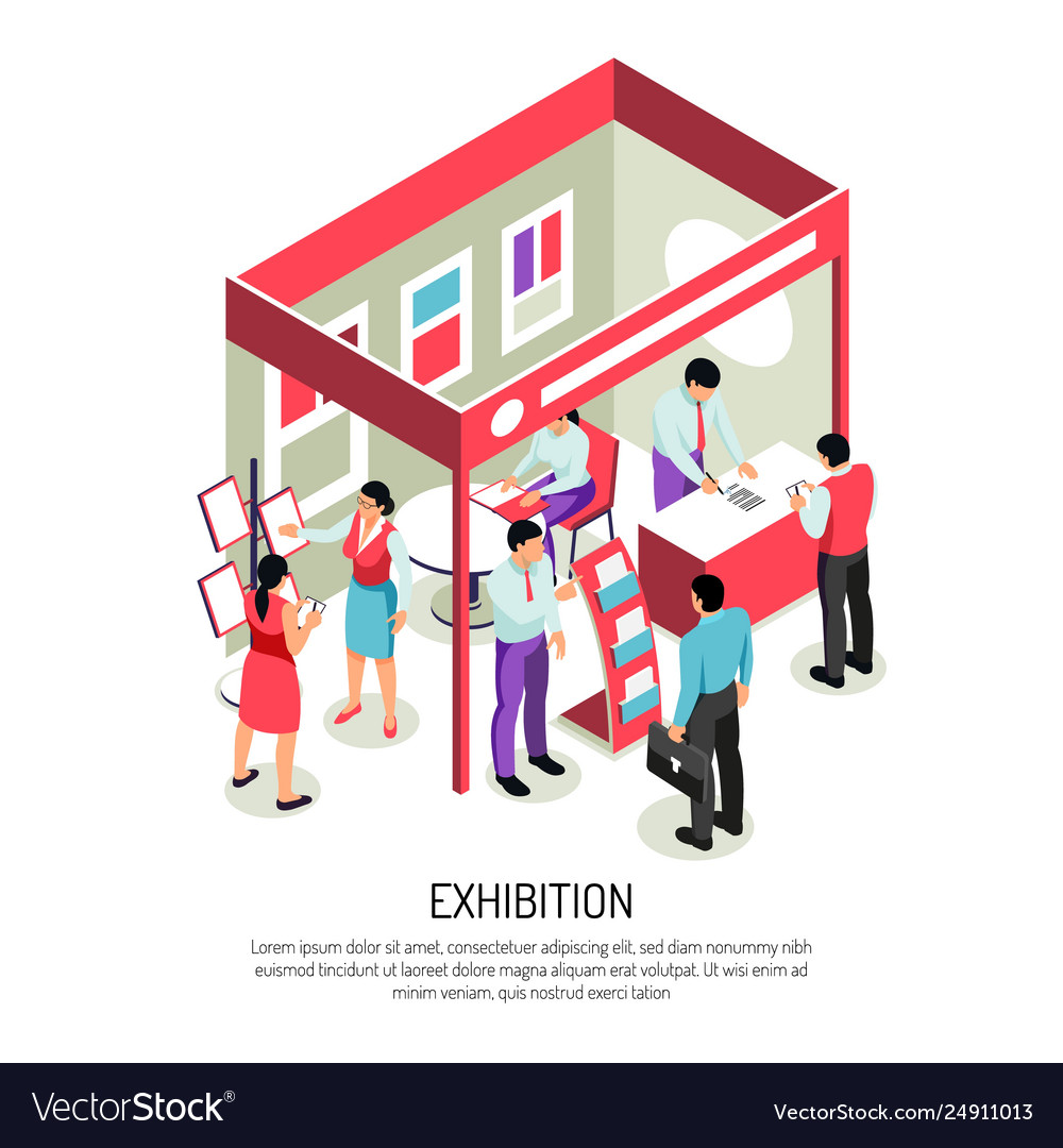 Exhibition isometric booth background Royalty Free Vector Exhibition isometric booth background Royalty Free Vector