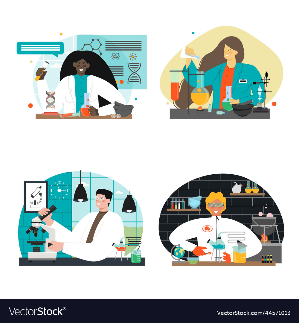 Science scene scientist doing research in lab set Vector Image