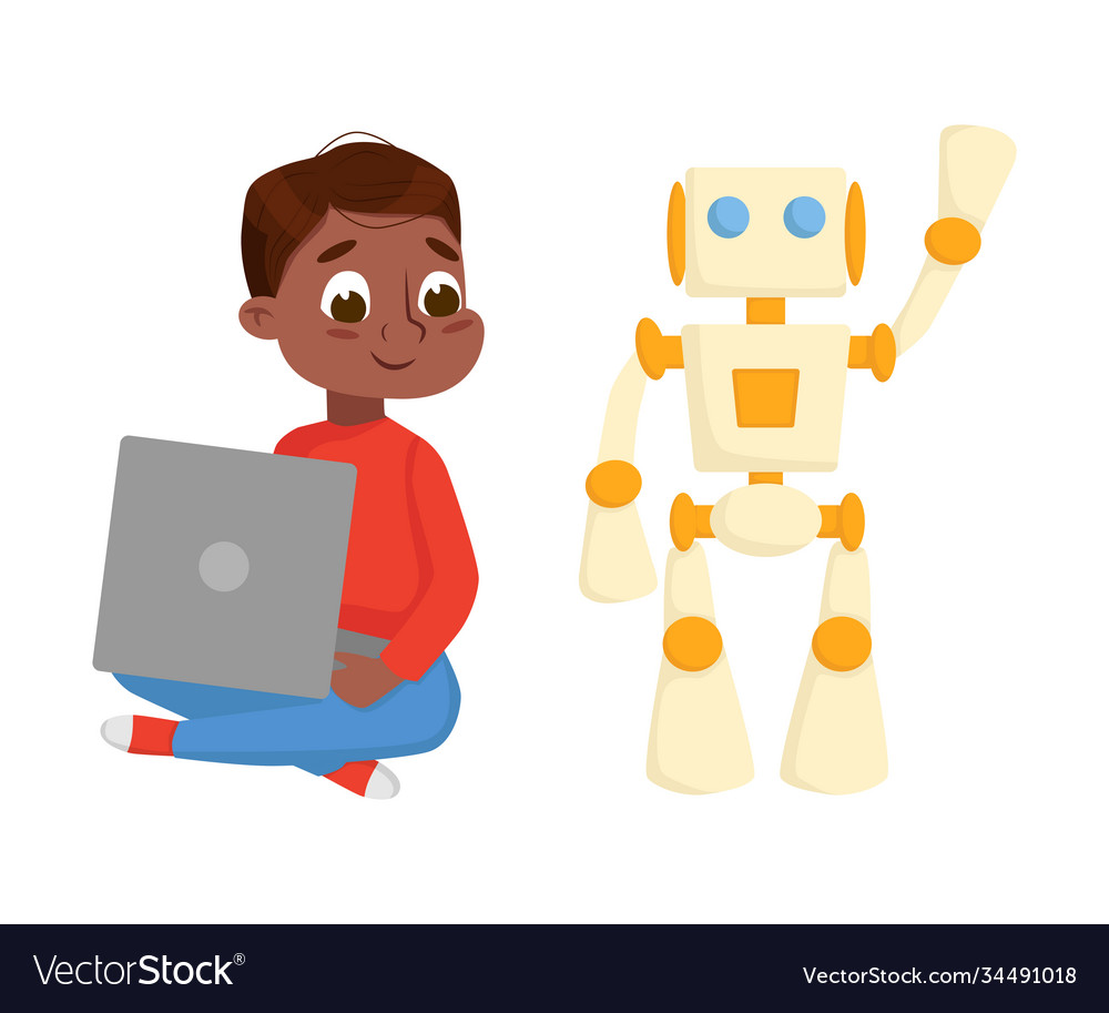Boy programming smart robot electronics education Vector Image