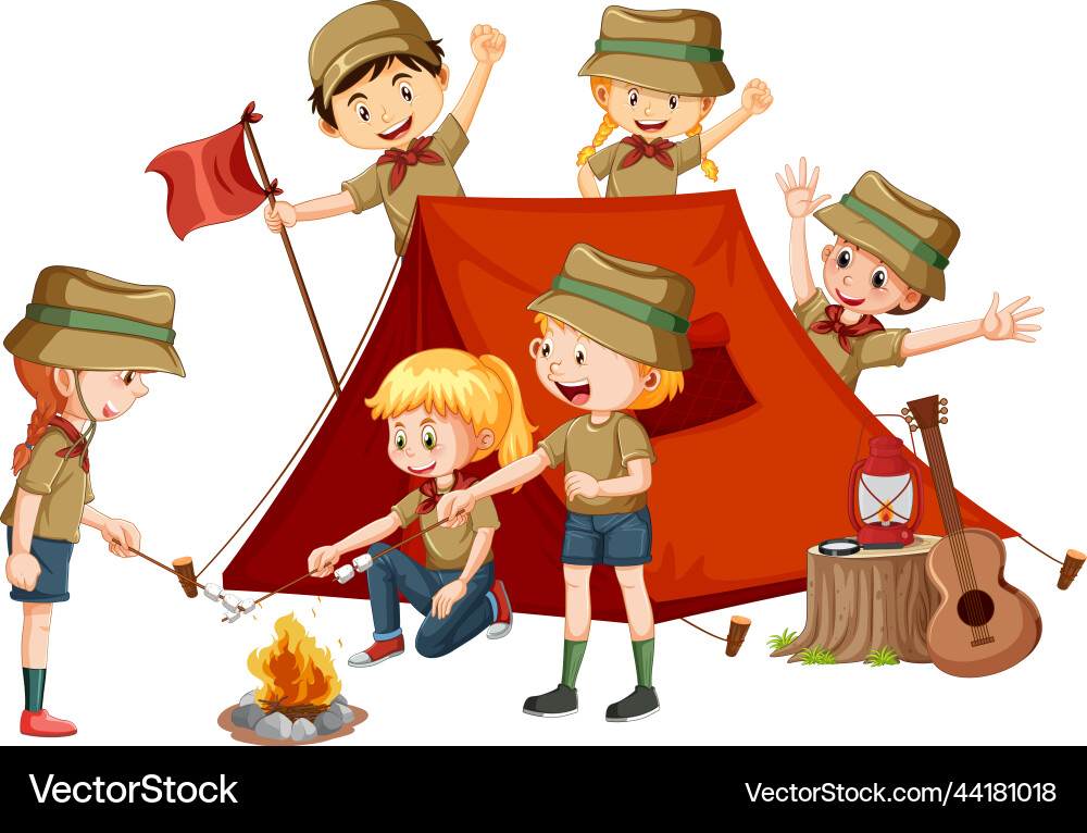Happy kids at camping tent Royalty Free Vector Image