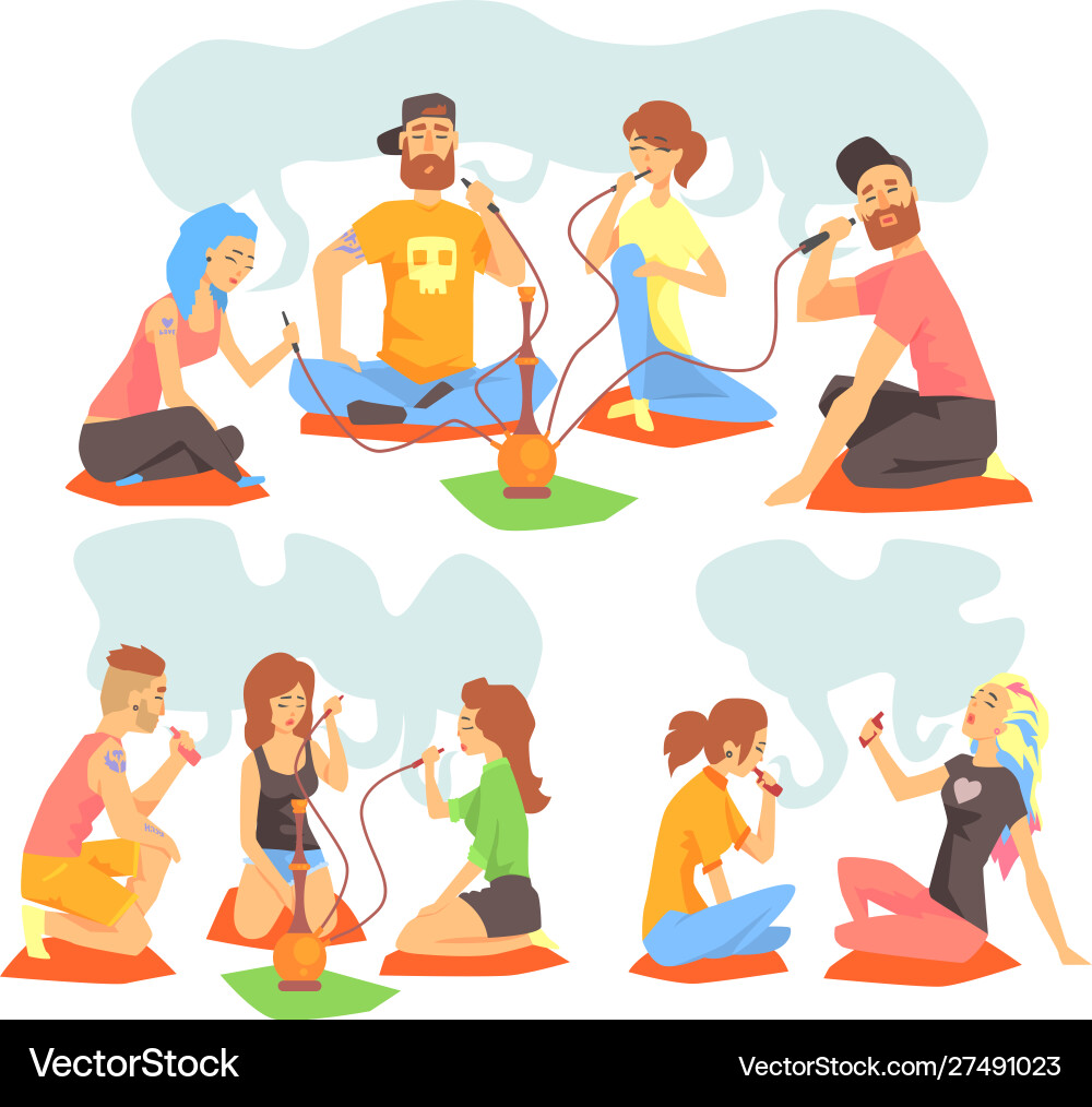 Friends smoking hookah and electronic cigarettes Vector Image