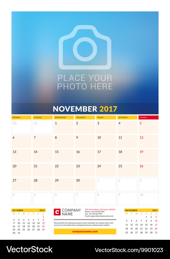 November 2017 wall monthly calendar for year Vector Image