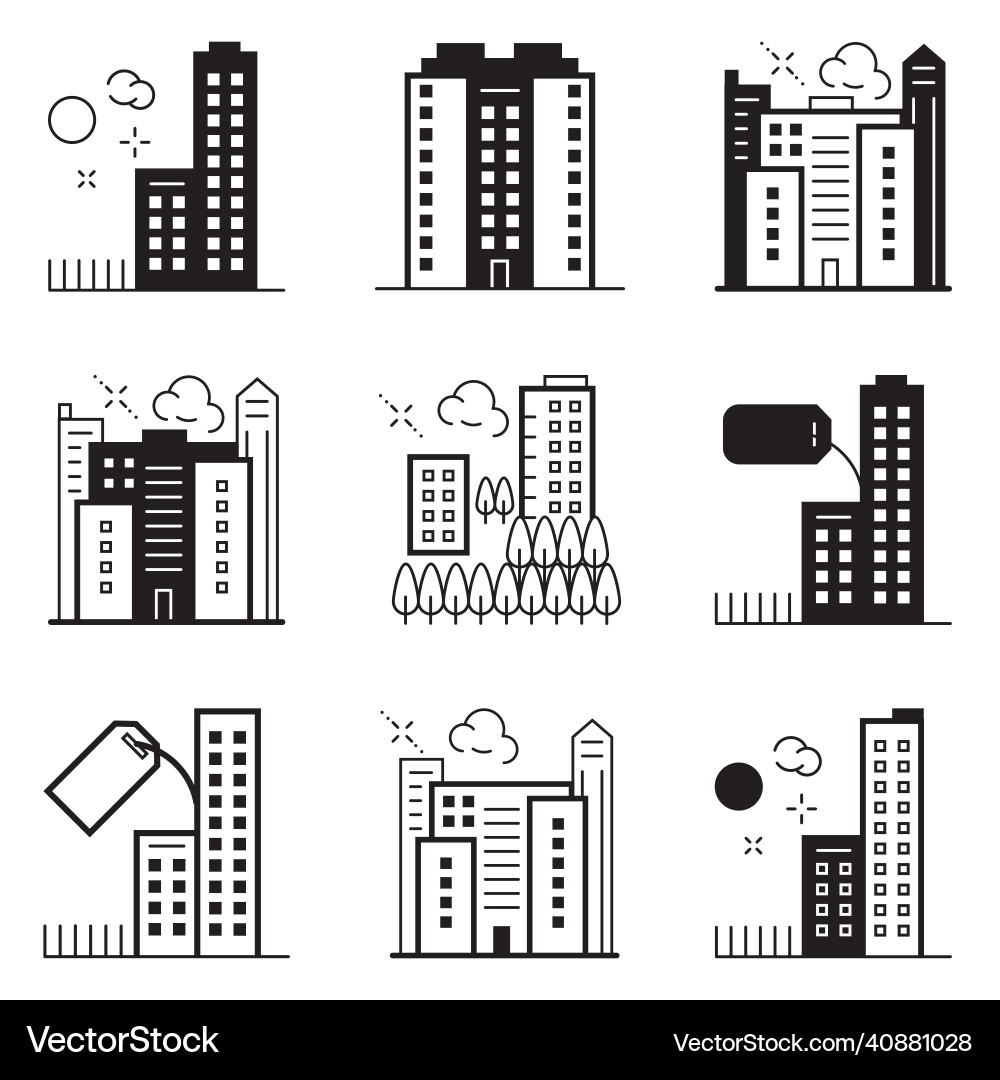 City buildings flat icon set isolated Royalty Free Vector