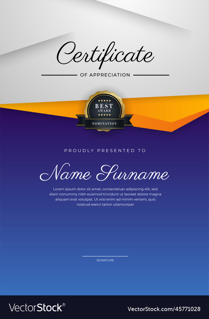 Modern blue and orange certificate of achievement Vector Image