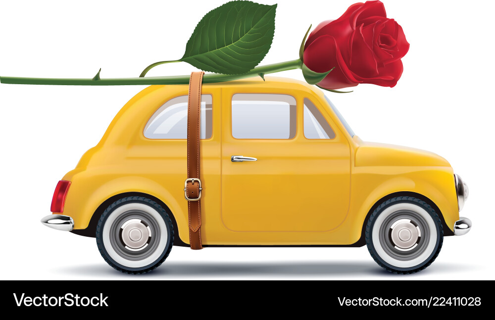 Retro car with red rose isolated on white Vector Image