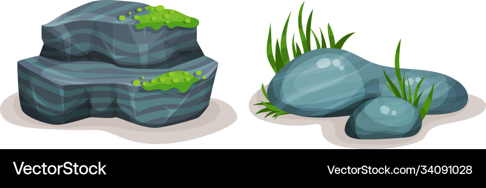 Rocks and stones with green grass set Royalty Free Vector