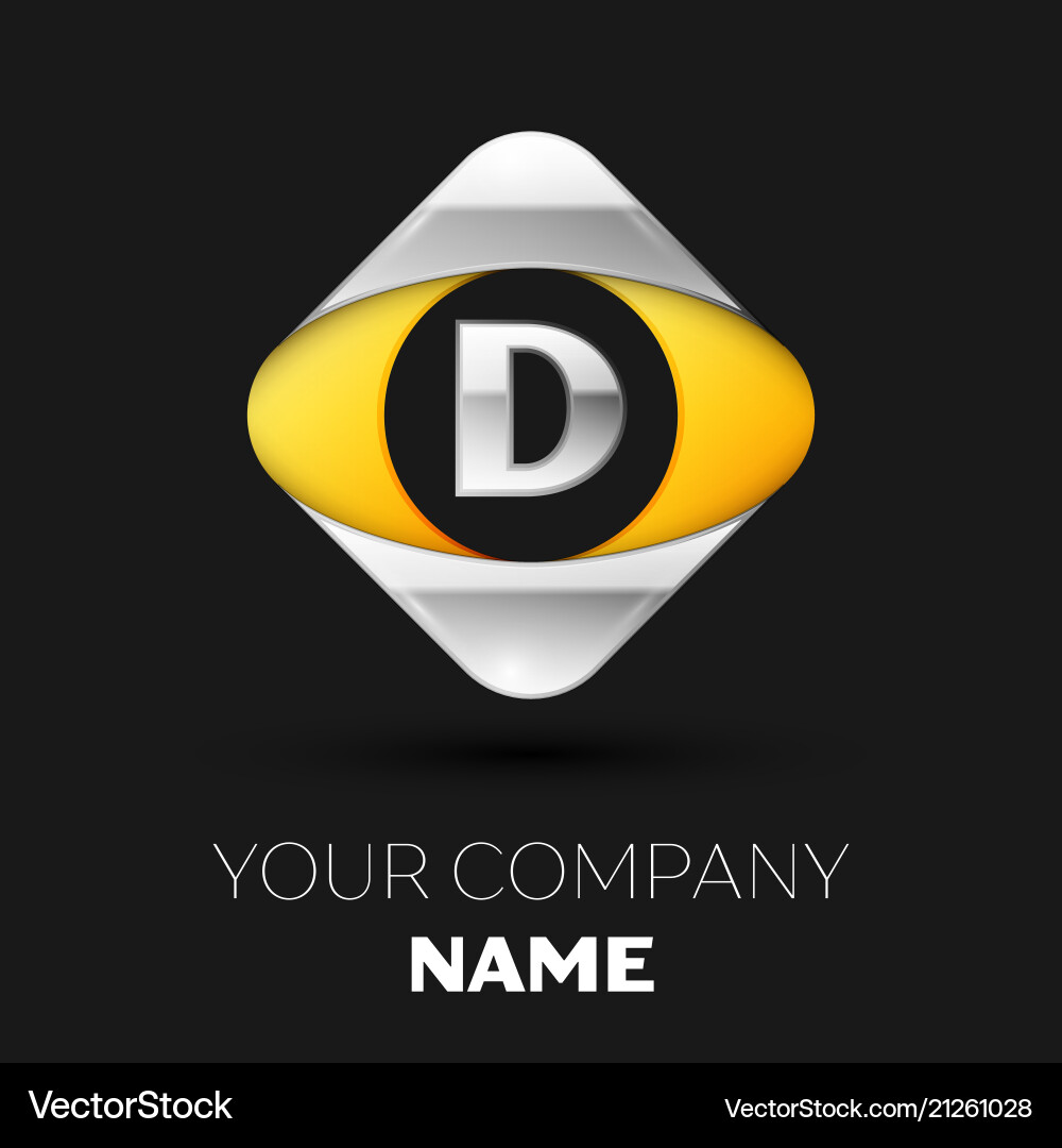 Silver letter d logo in the silver-yellow square Vector Image