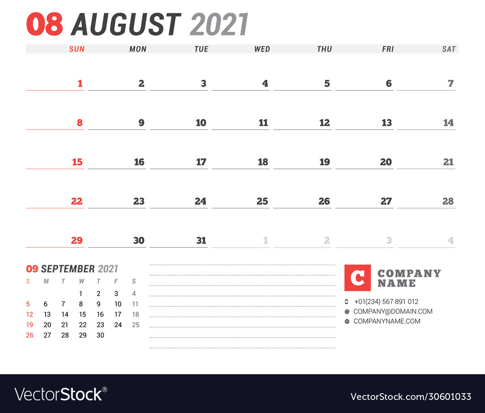 Business monthly planner for august 2021 Vector Image