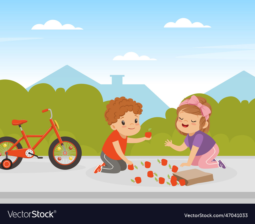 Polite little girl boy helping to pick up Vector Image