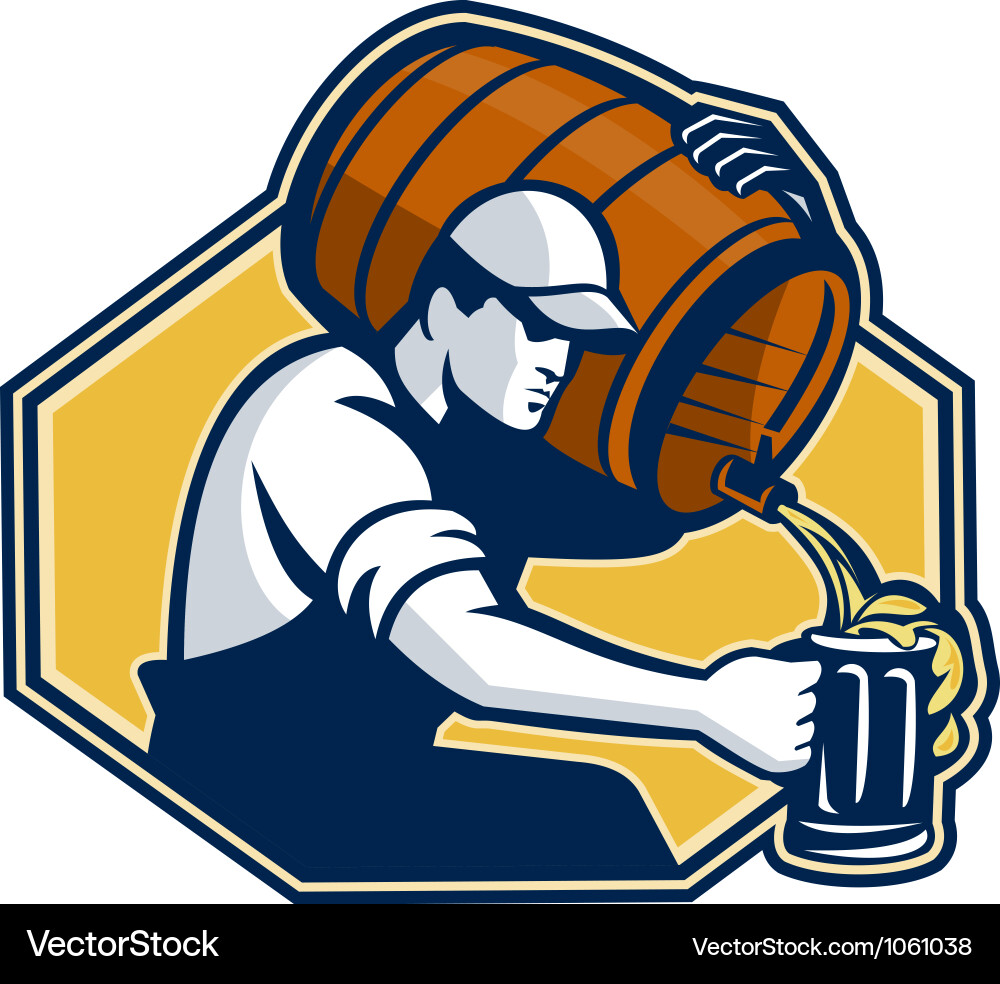 Bartender worker pouring beer from barrel to mug Vector Image