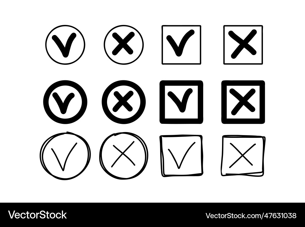 Hand drawn doodle style check and cross mark set Vector Image