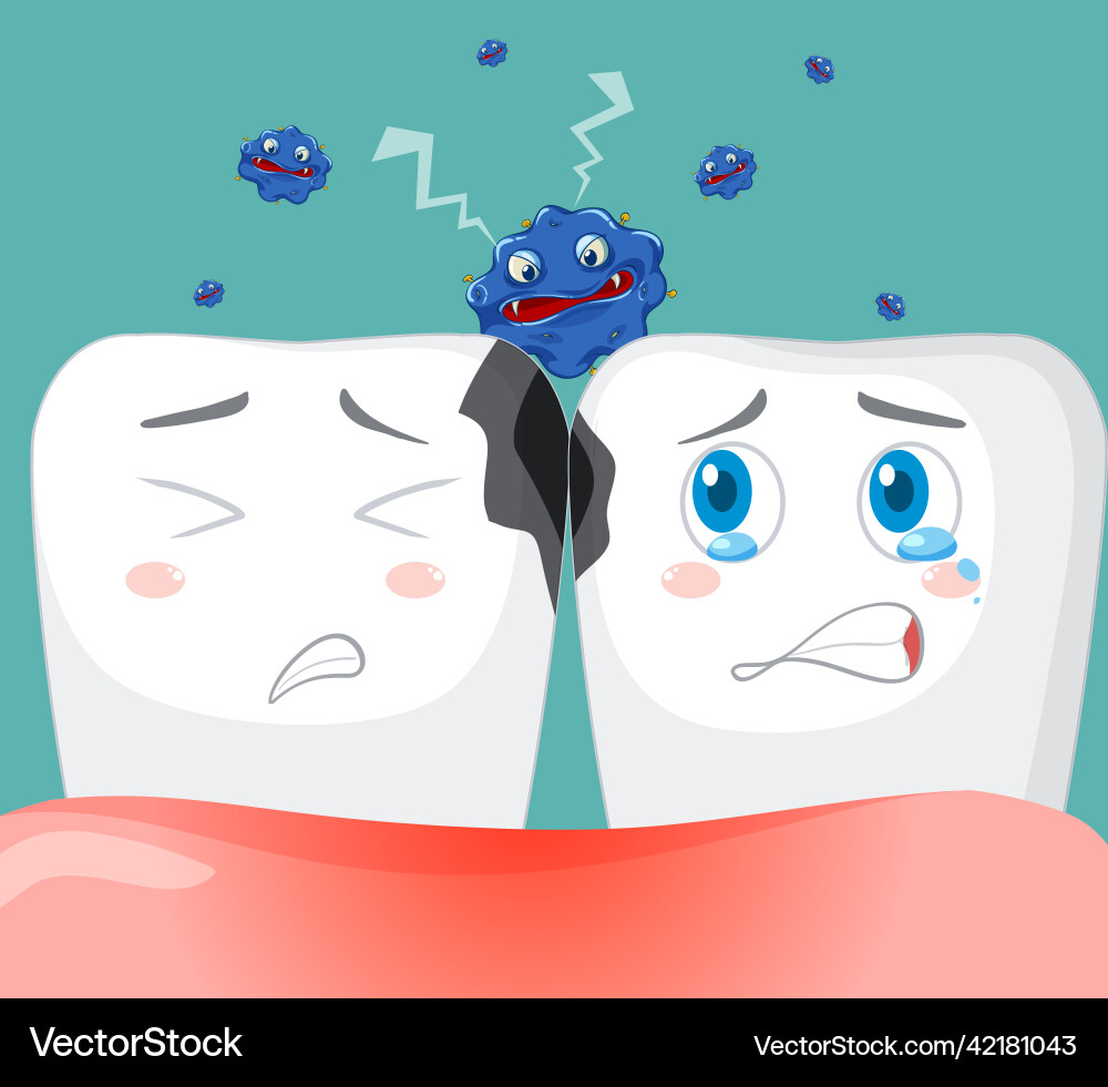 Cartoon teeth decay with bacteria on blue Vector Image