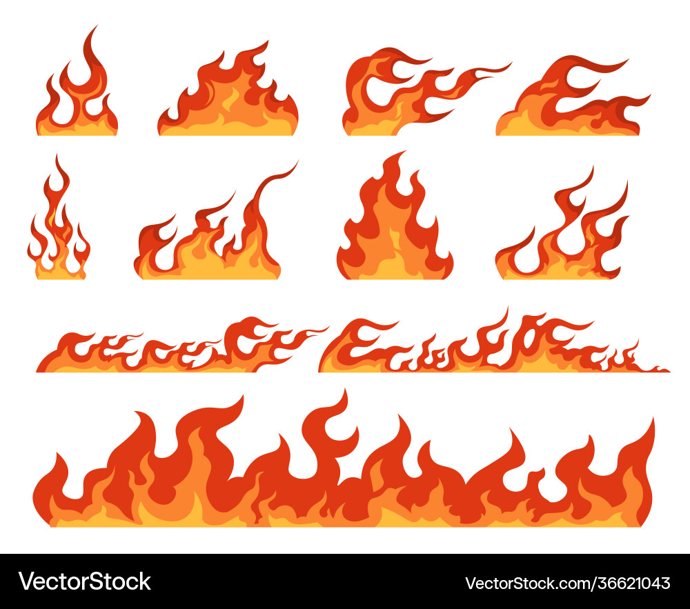 Fire flame cartoon bonfire and fiery borders Vector Image