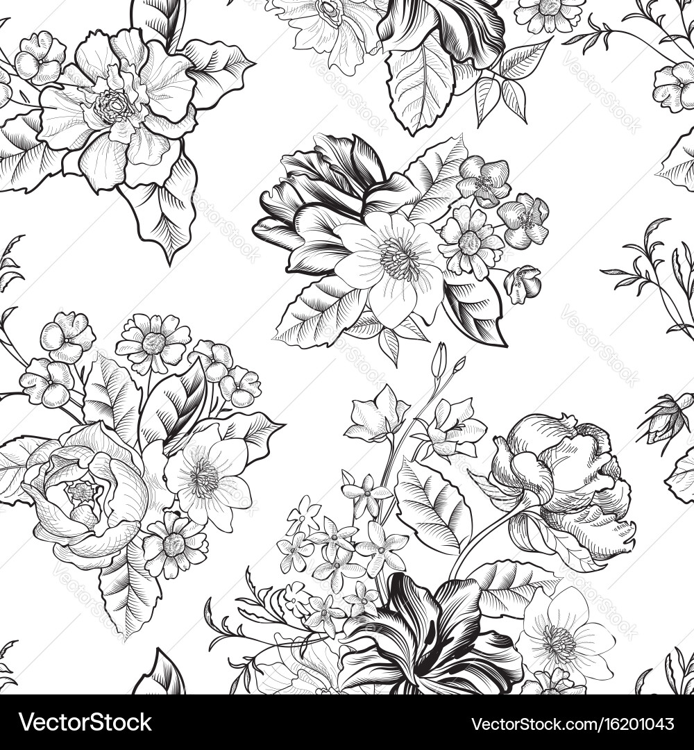 Floral engraved seamless pattern flower garden Vector Image
